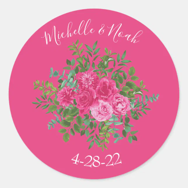 Pink Wedding Modern Floral Classic Round Sticker | Zazzle