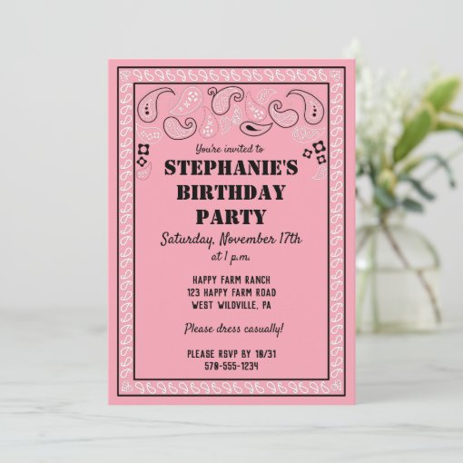 Pink Western Bandana Print Birthday Party Invitation | Zazzle