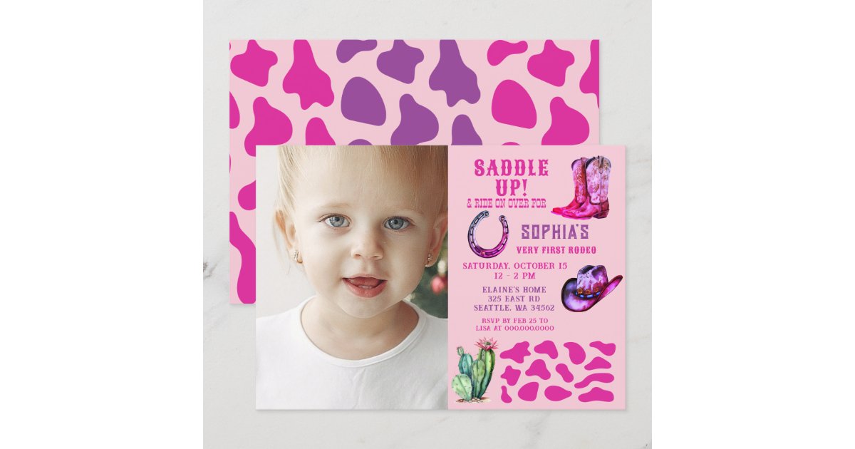 Pink Western Cowgirl Rodeo Girls Photo Birthday Invitation | Zazzle