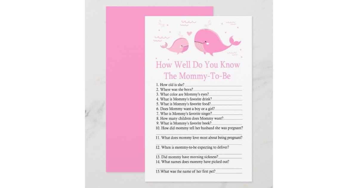 Pink Whale How well do you know baby shower game | Zazzle