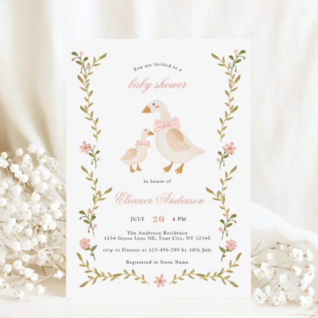 Pink Whimsical Goose Baby Shower Invitation | Zazzle