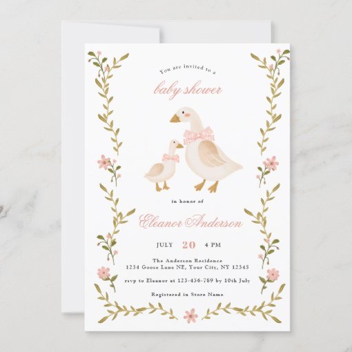Pink Whimsical Goose Baby Shower Invitation | Zazzle