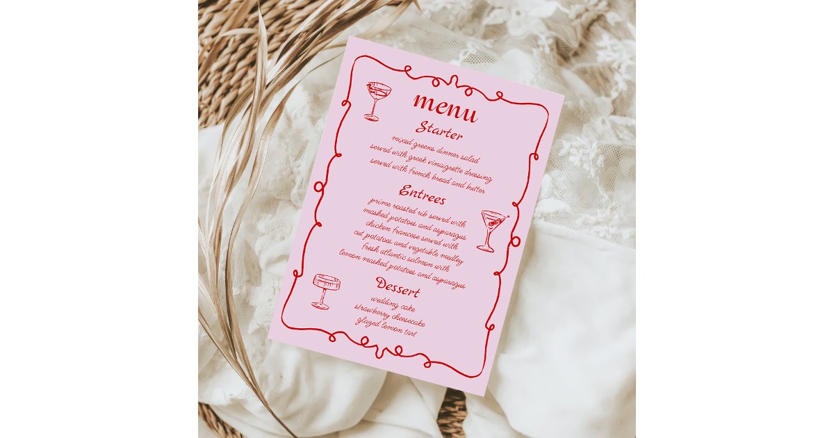 Pink Whimsical Hand Drawn French Wedding Menu | Zazzle