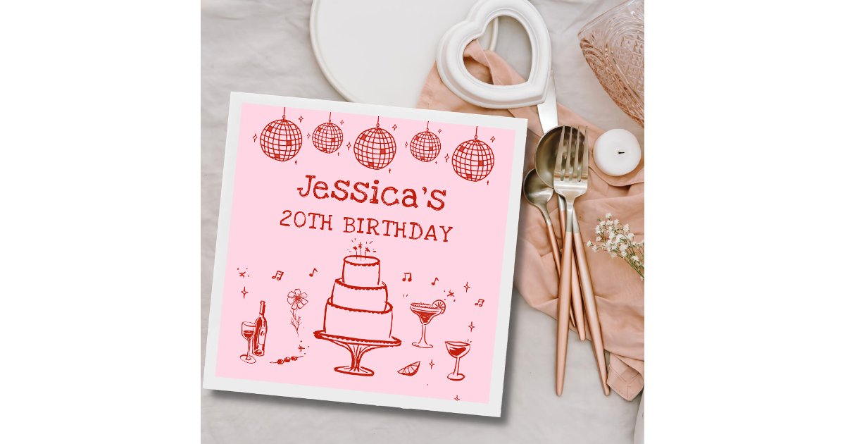 Pink Whimsical Hand drawn Funky Cocktail Birthday Napkins | Zazzle