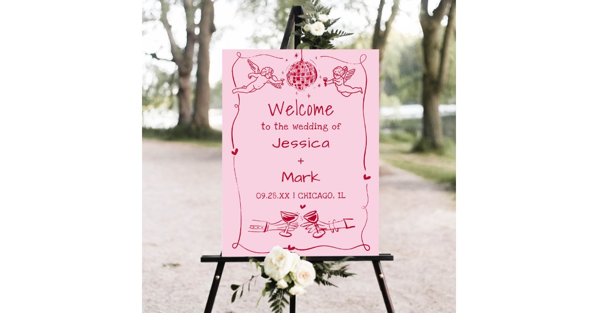 Pink Whimsical Hand Drawn Wedding Welcome Sign | Zazzle