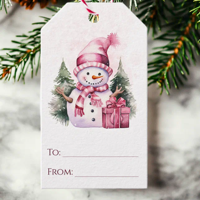 Pink Whimsical Holiday Snowman Christmas Gift Tags | Zazzle