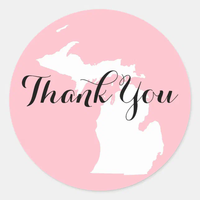 Pink White and Black Michigan Wedding Thank You Classic Round Sticker ...