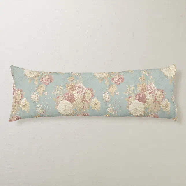 Pink White Blush Roses on Blue Background Body Pillow | Zazzle