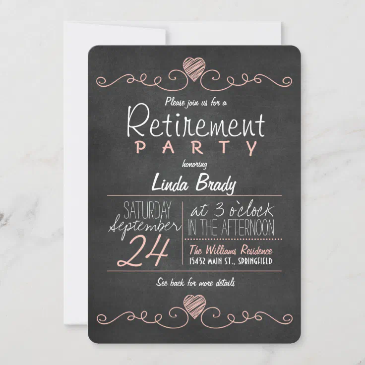 Pink & White Chalkboard Retirement Party Invitation | Zazzle