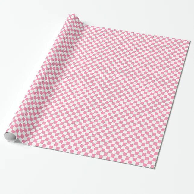 Pink white checkerboard pattern wrapping paper | Zazzle
