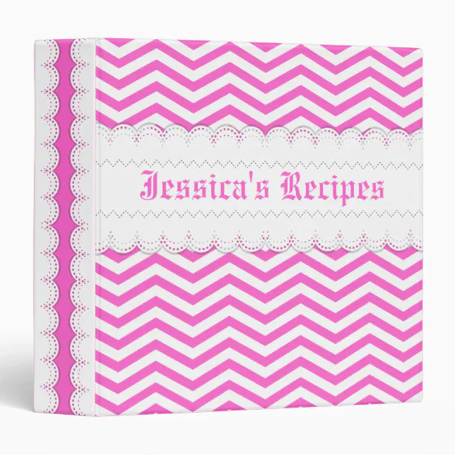 Pink, white chevron with scalloped borders recipe binder | Zazzle