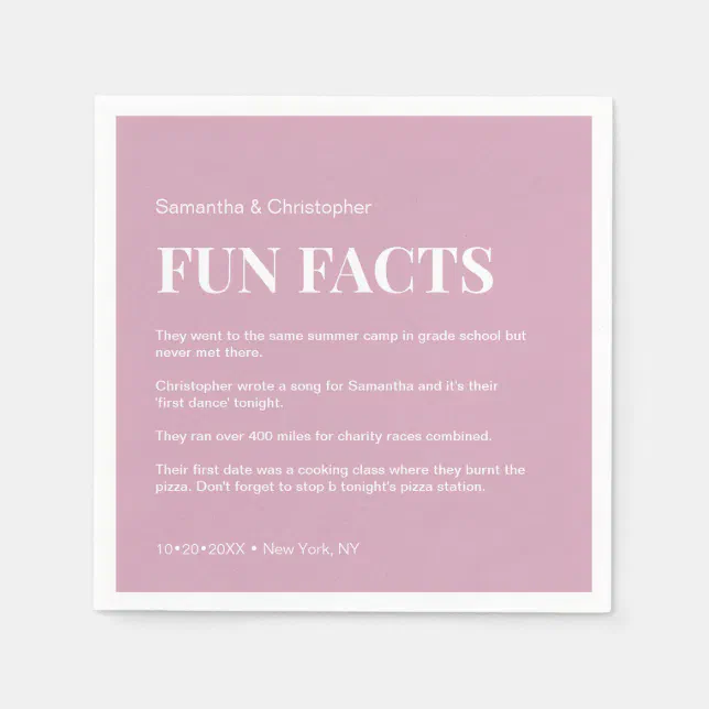 Pink white Custom fun fact typography Wedding Napkins | Zazzle