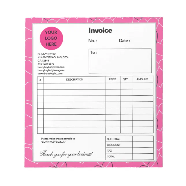 Pink White Doodle Company Business Shop Invoice Notepad | Zazzle
