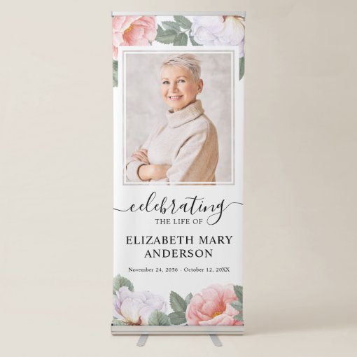 Pink White Floral Celebration of Life Photo Retractable Banner | Zazzle