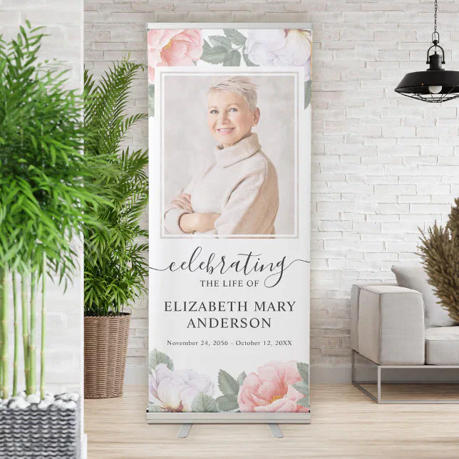 Pink White Floral Celebration of Life Photo Retractable Banner | Zazzle