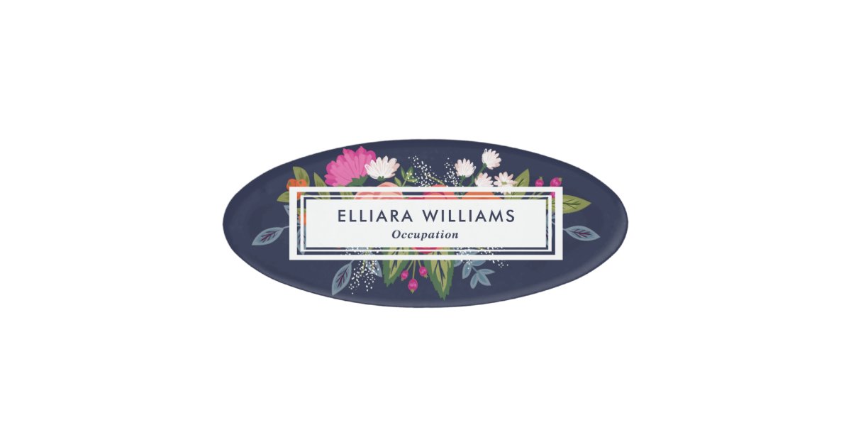 Pink & White Florals Navy Blue Name Tag | Zazzle