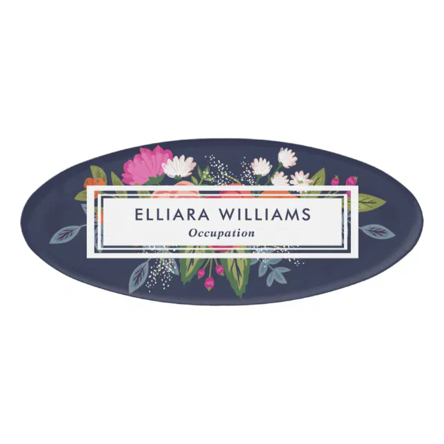 Pink & White Florals Navy Blue Name Tag | Zazzle