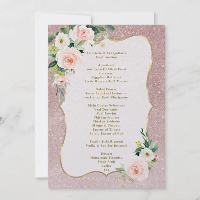 Pink White Flowers Gold Girl Confirmation Menu Invitation | Zazzle