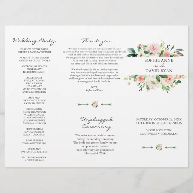 Pink White Flowers Tri+Fold Wedding Program Flyer | Zazzle