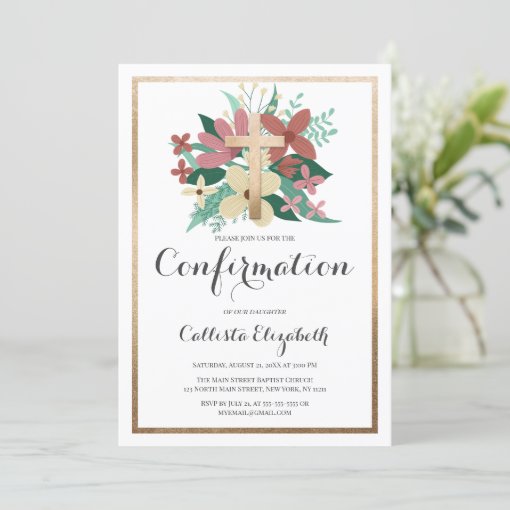 Pink White Gold Cross Border Floral Confirmation Invitation | Zazzle