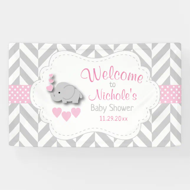 Pink, White Gray Elephant Baby Shower Welcome Banner | Zazzle