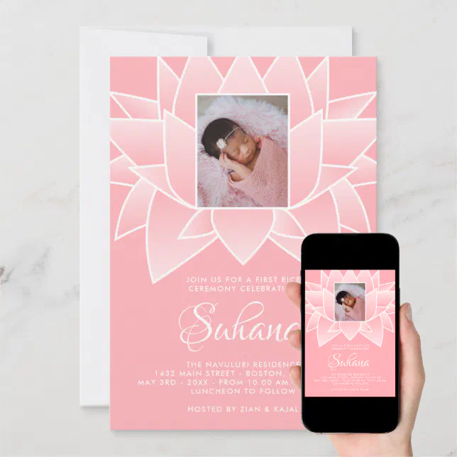 Pink White Lotus First Rice Photo Invitation | Zazzle