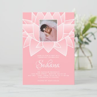 Pink White Lotus First Rice Photo Invitation | Zazzle