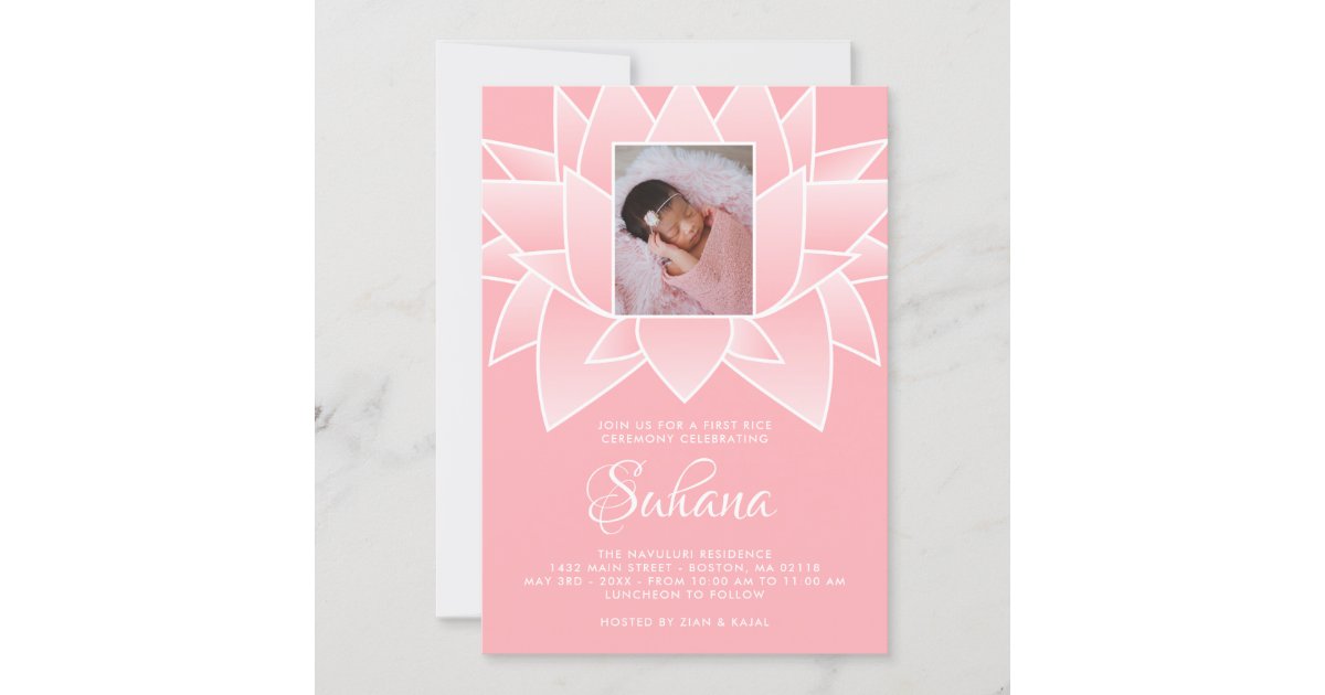 Pink White Lotus First Rice Photo Invitation | Zazzle