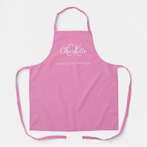 Pink white monogram name business apron | Zazzle