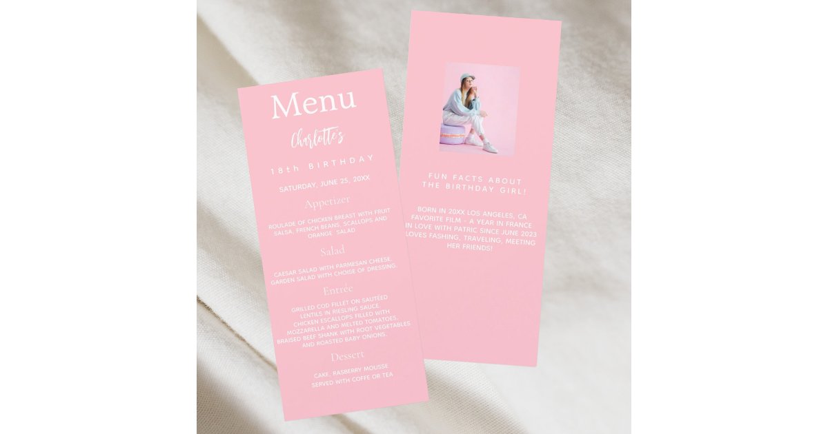 Pink white photo fun facts birthday menu card | Zazzle