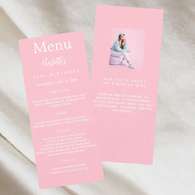 Pink white photo fun facts birthday menu card | Zazzle