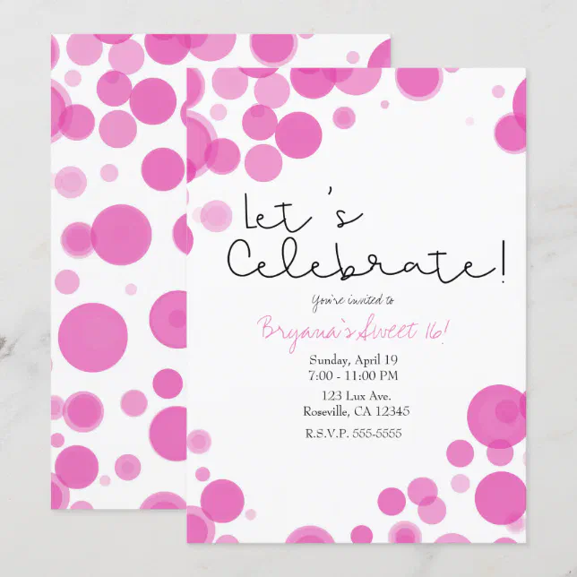 Pink White Polka Dot Bubbles Let's Celebrate Party Invitation | Zazzle