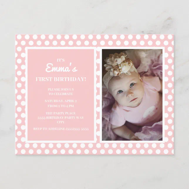 Pink White Polka Dot Girl Birthday Party Invite | Zazzle