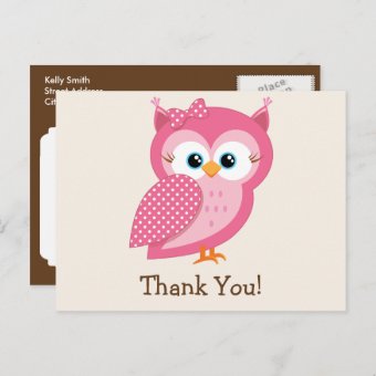 Pink & White Polka Dot Owl Thank You Postcard | Zazzle