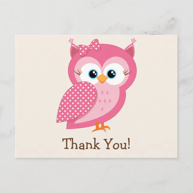 Pink & White Polka Dot Owl Thank You Postcard | Zazzle