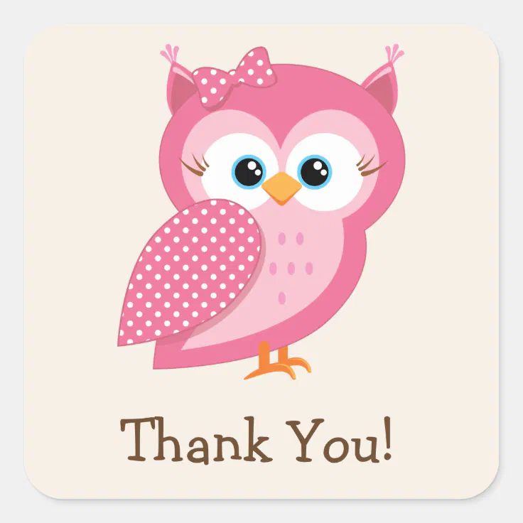 Pink & White Polka Dot Owl Thank You Square Sticker | Zazzle