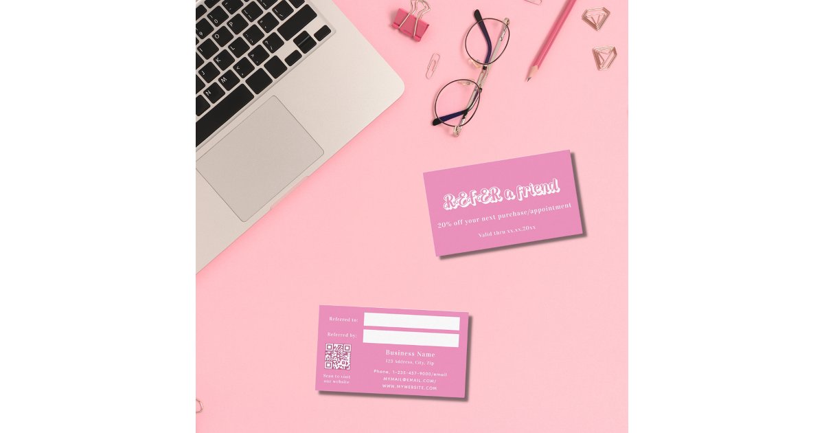 Pink white qr code business referral card | Zazzle