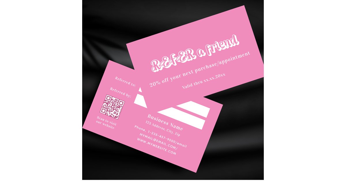 Pink white qr code business referral card | Zazzle