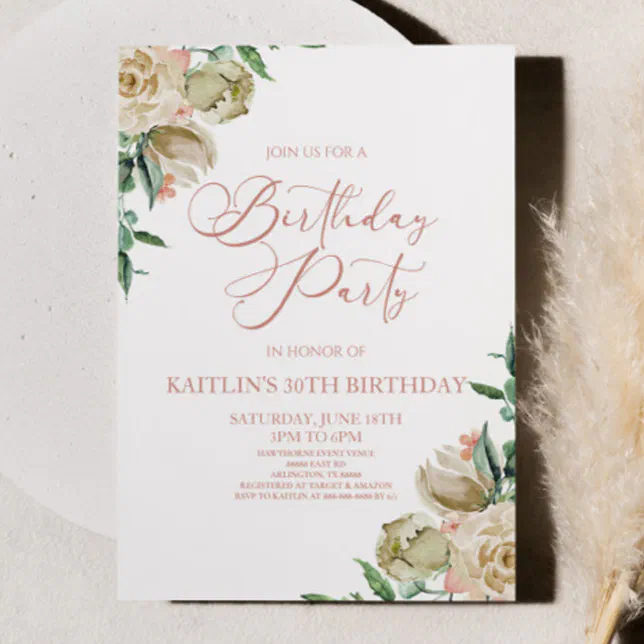 Pink White Rose Floral Flowers Birthday Party Invitation | Zazzle