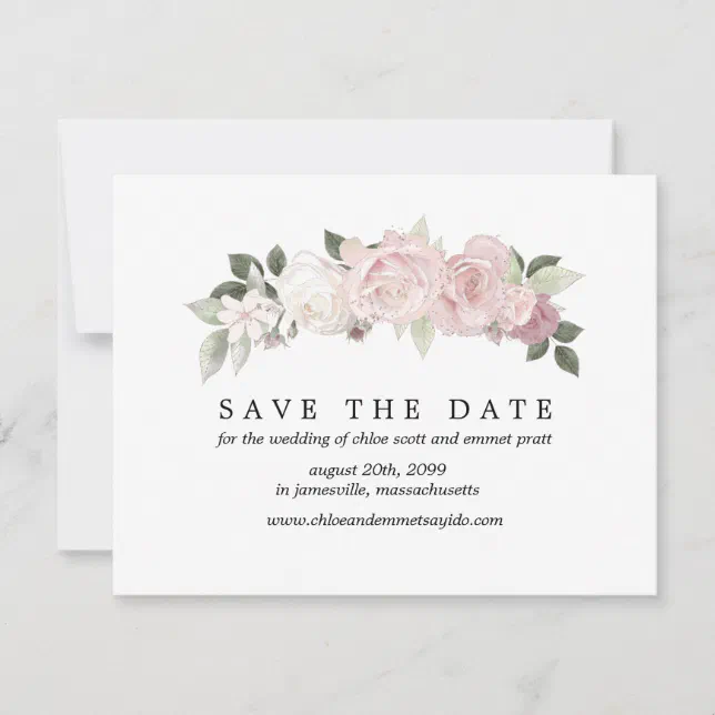 Pink White Rose Save the Date Card with Photo Back | Zazzle