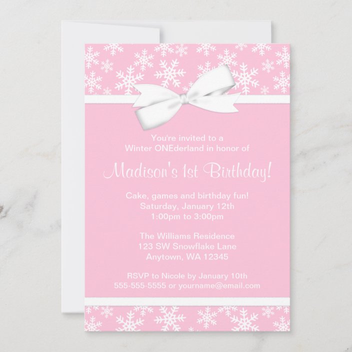 Pink White Snowflakes Bow Winter ONEderland Invitation | Zazzle