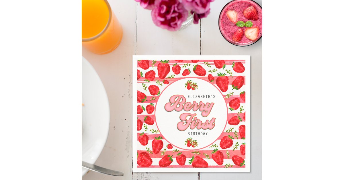 Pink White Strawberry 1st Birthday Berry First Napkins | Zazzle