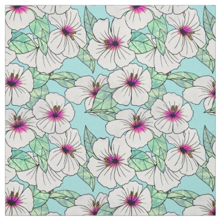 Tropical hibiscus flowers foliage pattern fabric | Zazzle