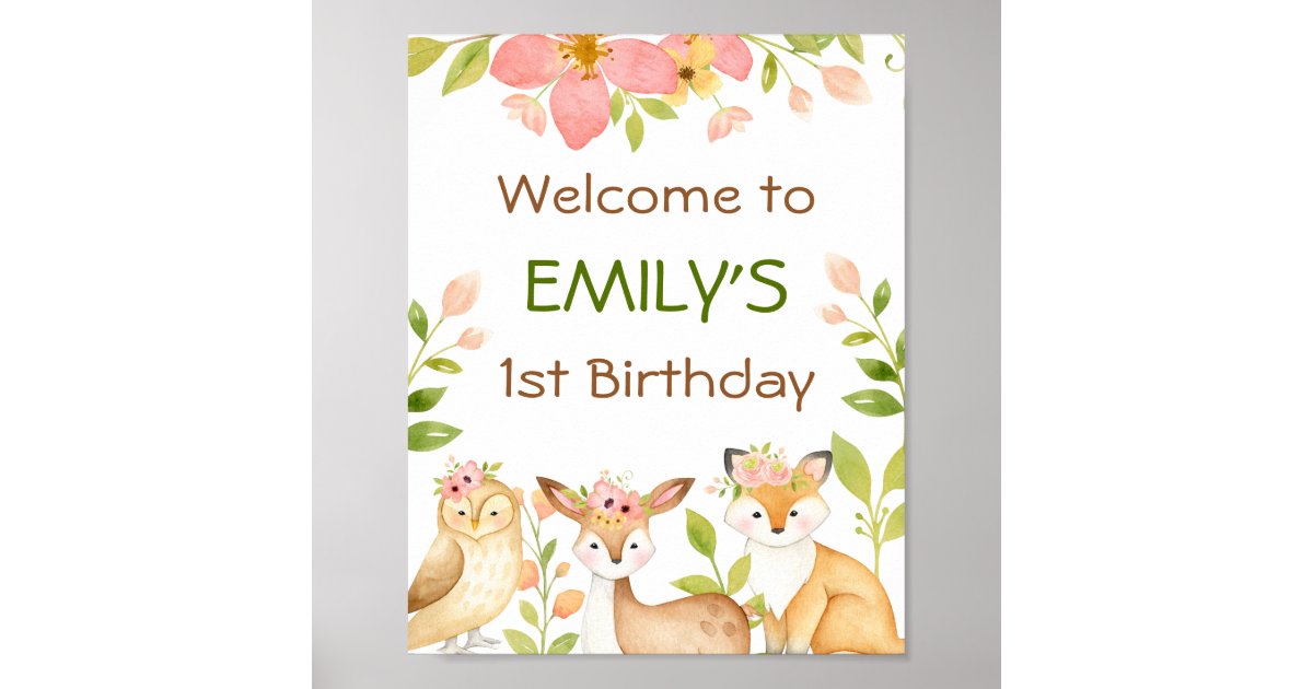 Pink Wild Woodland Animals 1st Birthday Poster | Zazzle