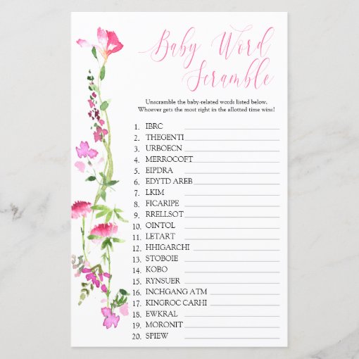 Pink Wildflower Baby Word Scramble Shower Game | Zazzle