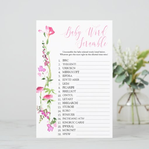 Pink Wildflower Baby Word Scramble Shower Game | Zazzle