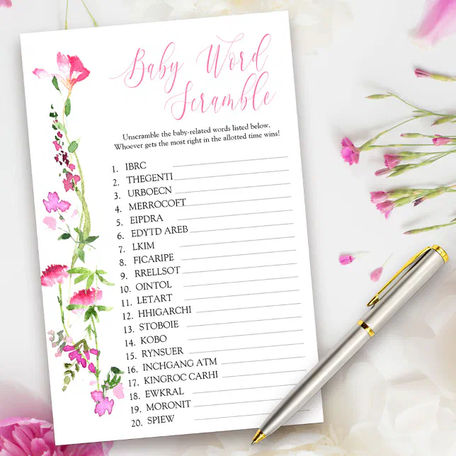 Pink Wildflower Baby Word Scramble Shower Game | Zazzle