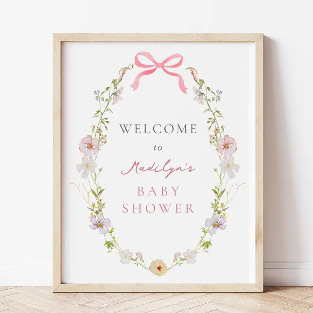 Pink Wildflower Bow Baby Shower Welcome Sign | Zazzle
