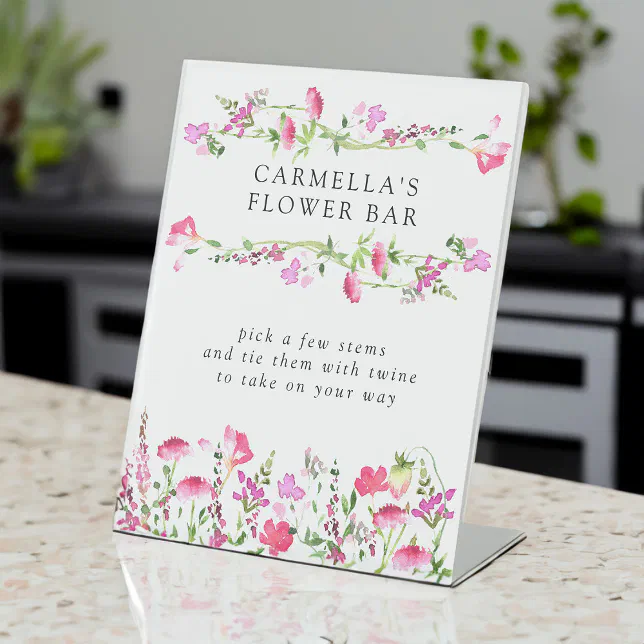 Pink Wildflower Editable Flower Bar Tabletop Pedestal Sign | Zazzle