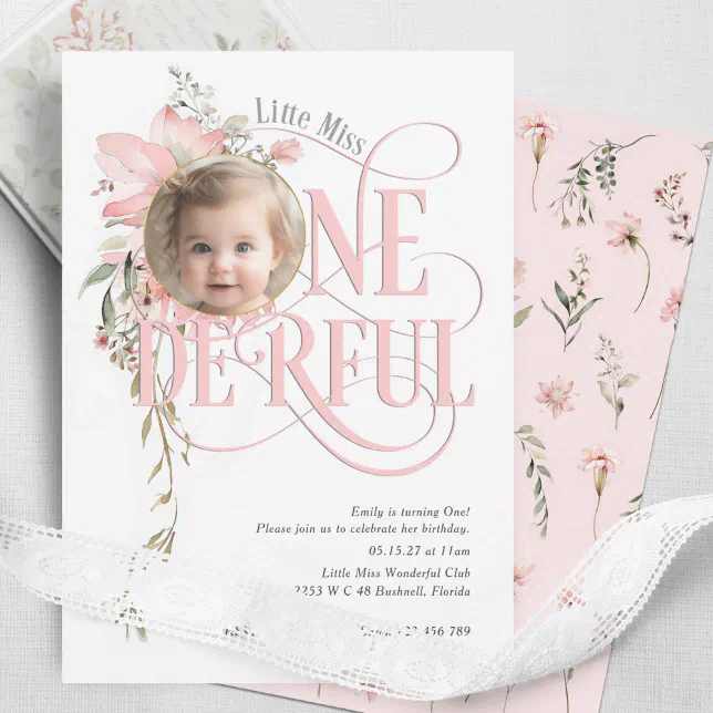 Pink Wildflower Miss Onederful Girl 1st birthday Invitation | Zazzle